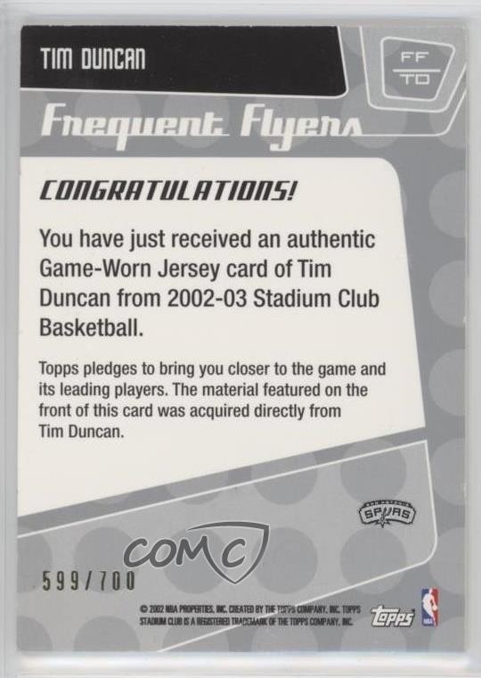 2002-03 Topps Stadium Club Frequent Flyers Relics /700 Tim Duncan #FFTD ...