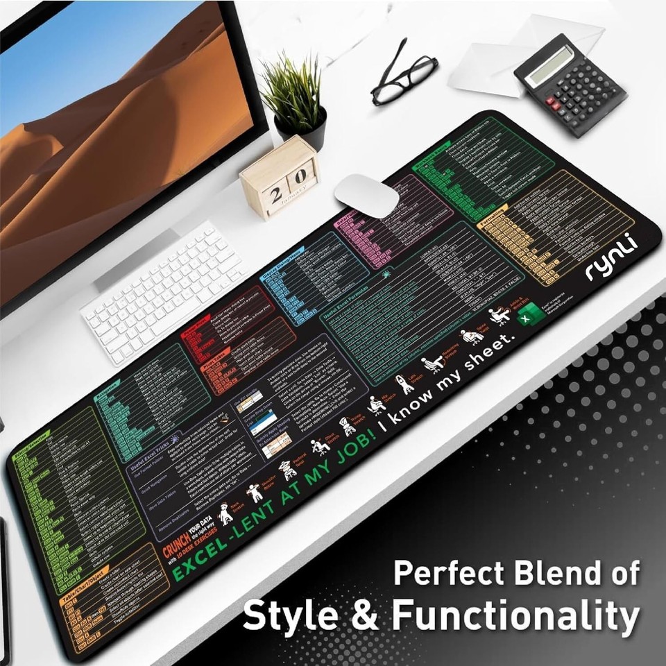 Excel Shortcuts Cheat Sheet Desk Mat 800mm x 300mm Keyboard Mouse Pad ...