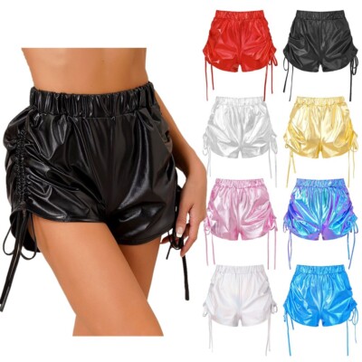 Women Shiny Metallic Side Drawstring Shorts Nightclub Rave Festival ...