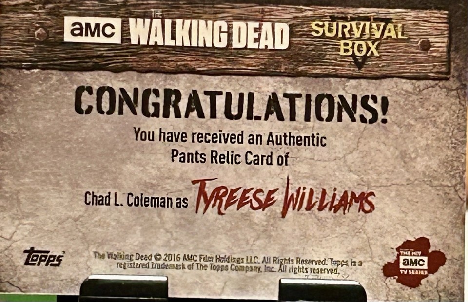 CHAD L COLEMAN Tyreese Williams Relic Card Walking Dead Survival Box ...