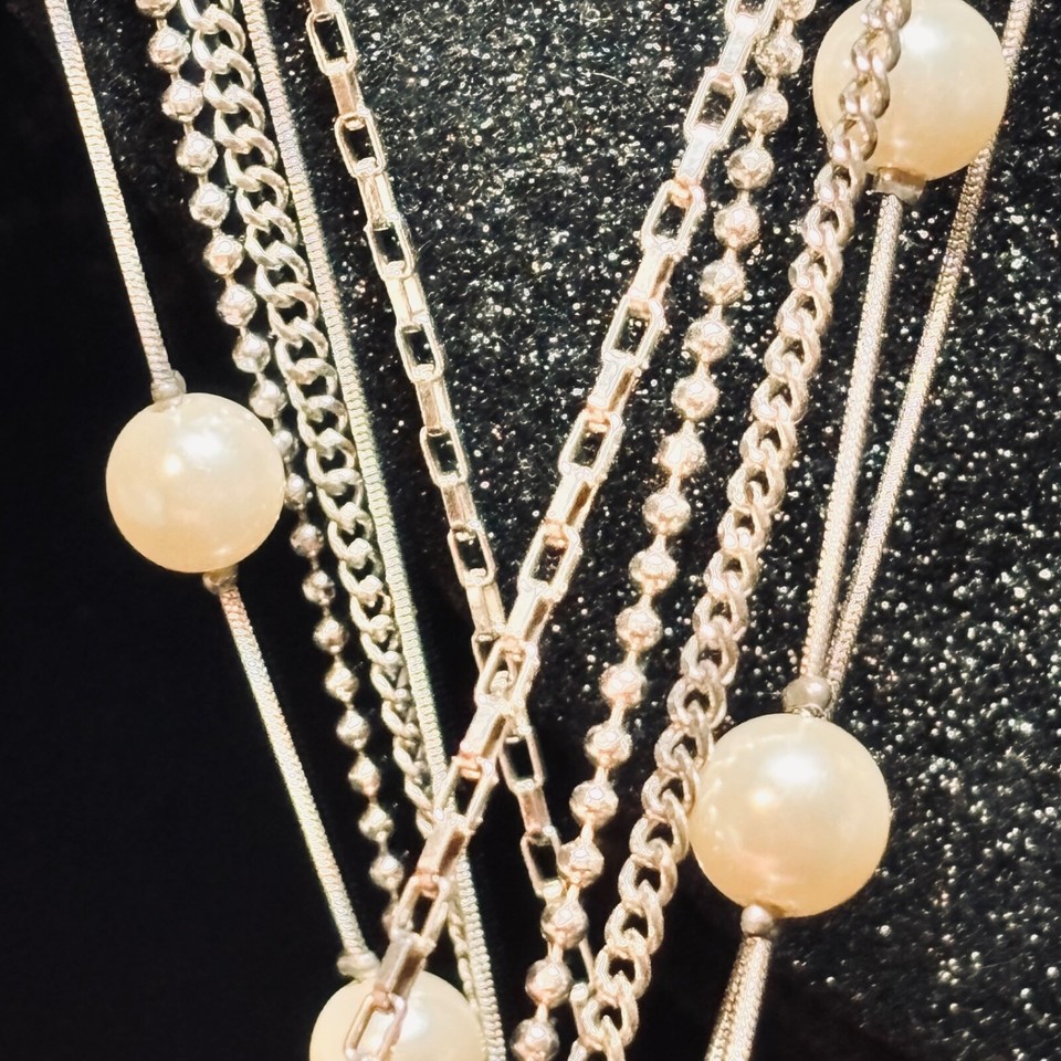 ANN TAYLOR necklace silvertone metal five long chains faux pearls ...