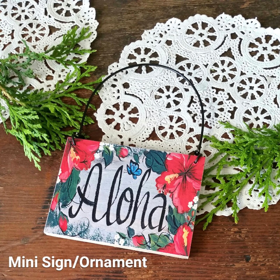 Mini Sign ALOHA Wood Ornament * Cubicle Office Tiny Sign Flair * Gift ...
