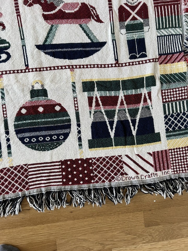 Vintage Crown Crafts Christmas Holiday Woven Cotton Blanket Tapestry ...
