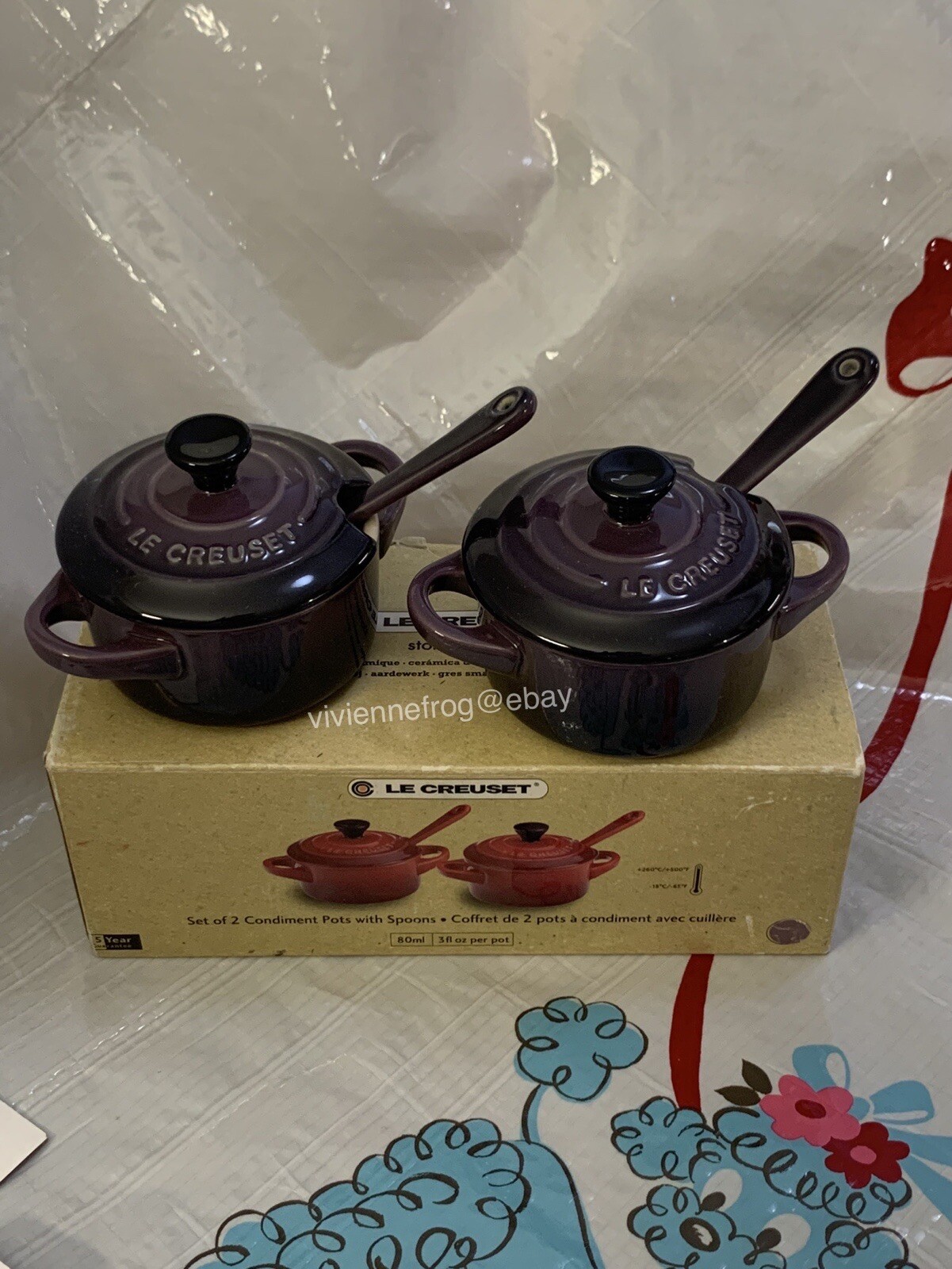 LE CREUSET CASSIS PURPLE MINI CONDIMENT POTS W/SPOONS SET of 2 ...