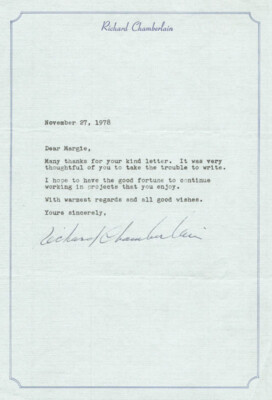 RICHARD CHAMBERLAIN - TYPED LETTER SIGNED 11/27/1978 | eBay
