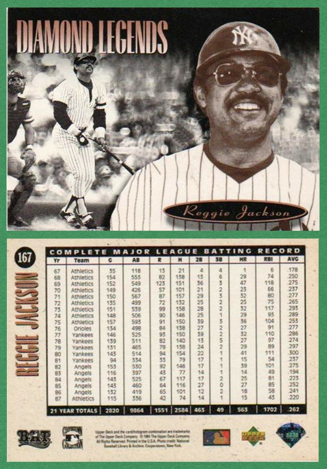 REGGIE JACKSON DIAMOND LEGENDS-1994 UPPER DECK # 167-N. Y. YANKEES HALL ...