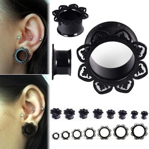 PAIR-Stainless Steel BLACK FLOWER -EAR GAUGES-FLARE EAR PLUGS-FLESH ...