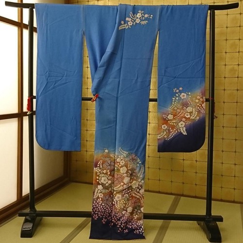 Japanese kimono antique blue asuka flower with glitter furisode | eBay