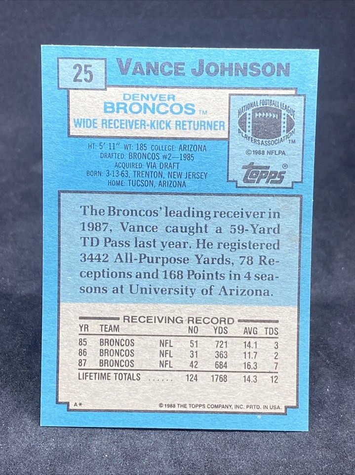 VANCE JOHNSON 1988 Topps NFL Football #25 BRONCOS | eBay