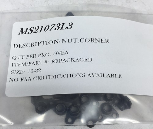 MS21073L3 NAS698A3 CORNER NUT SIZE:10-32 DRY FILM LUBED PACKAGE OF 50 ...