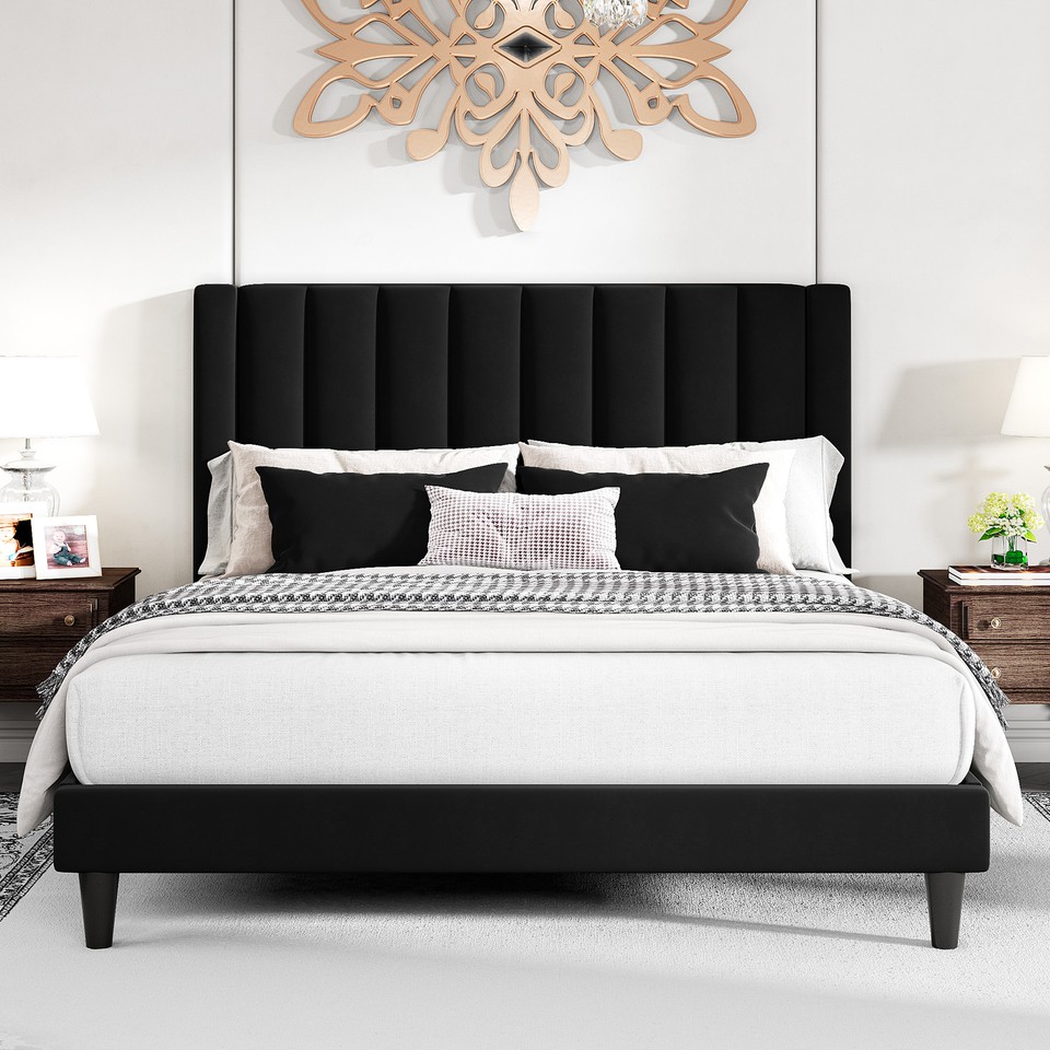 Platform Bed Frame with Velvet Upholstered Plush Vertical Channel ...