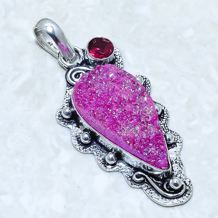 Pink Titanium Druzy, Garnet Gemstone Silver Jewelry Pendant 2.2 ...