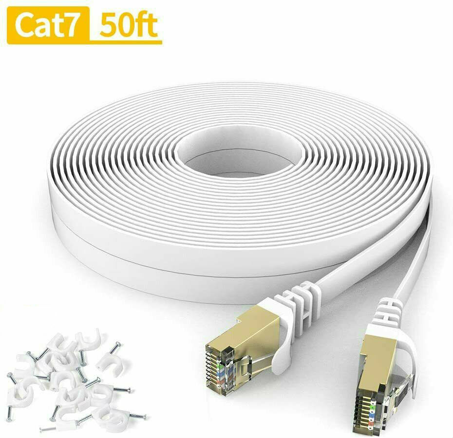 50FT CAT7 CAT 7 Flat Ethernet Cable LAN RJ45 Internet Router Patch Cord ...
