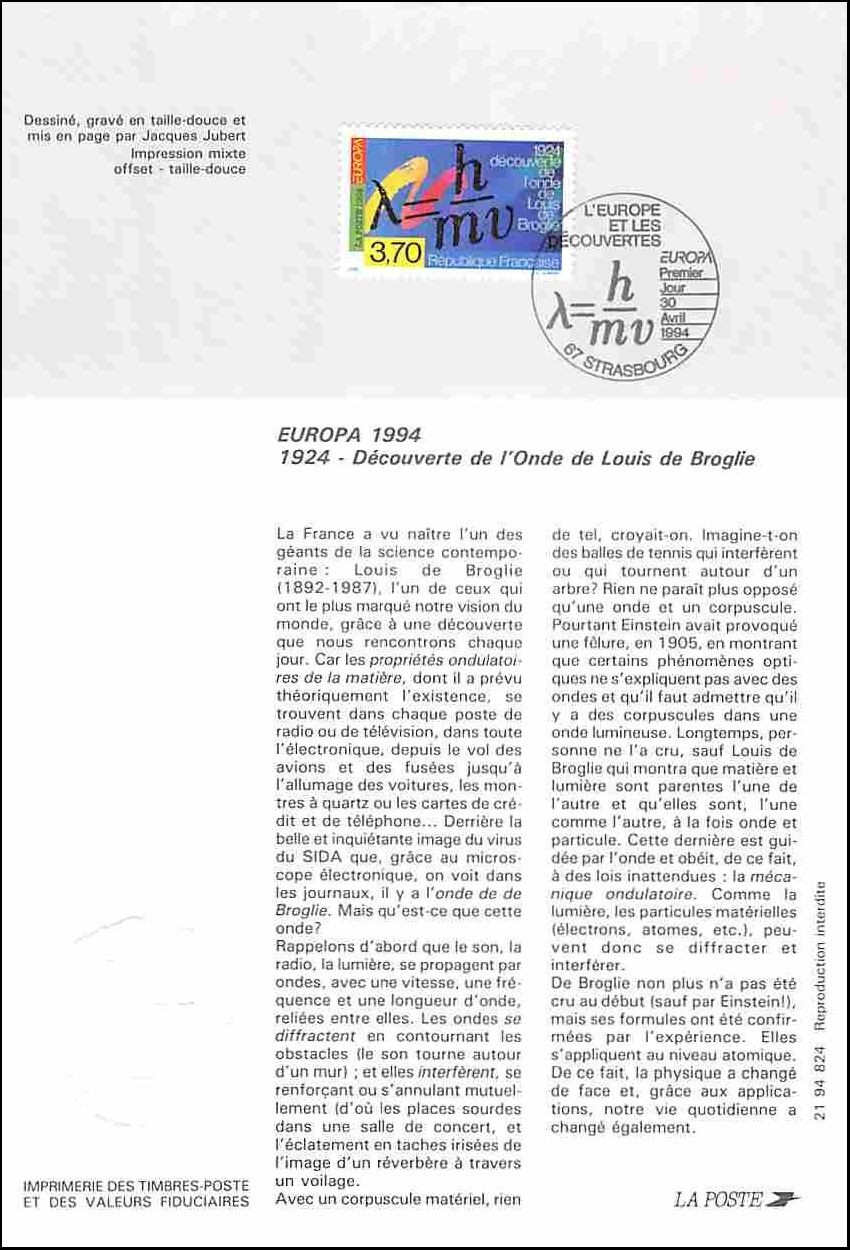 1994 Notice Philatélique - Europa 94. Découverte onde Louis de Broglie ...