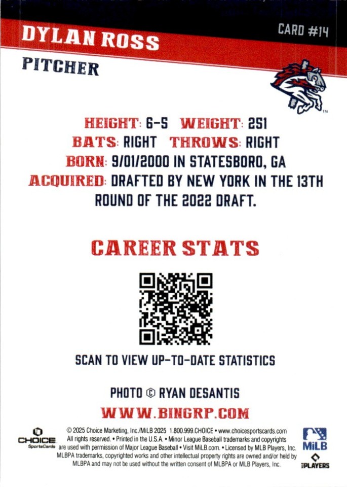 2025 Dylan Ross MiLB Minor League Rookie Card Binghamton Rumble Ponies ...