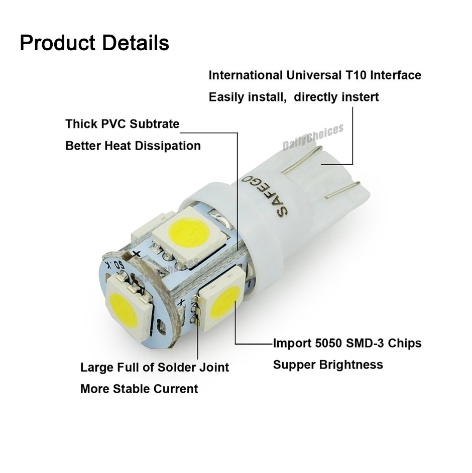 10x T10 194 168 SMD 5050 LED Car Wedge Tail Side Parking Light Globe ...