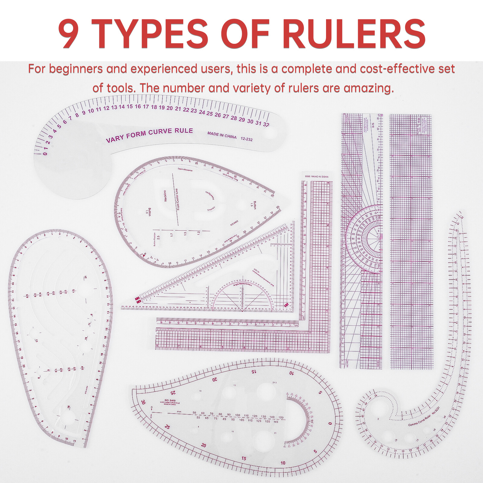 Sewing Ruler Set Inch and Metric Clear Curve Straight Shape Marking ...