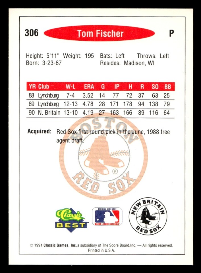 1991 Classic Best Tom Fischer #306 New Britain Red Sox | eBay