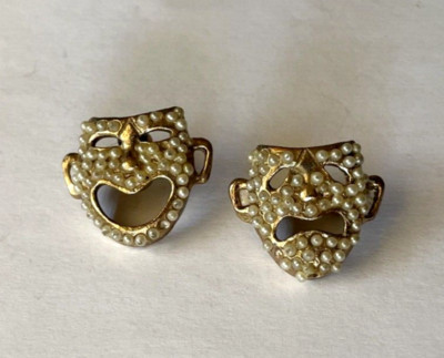 Vintage Comedy Tragedy Face Mask Pin Brooch Set Gold Pearls Jewelry | eBay