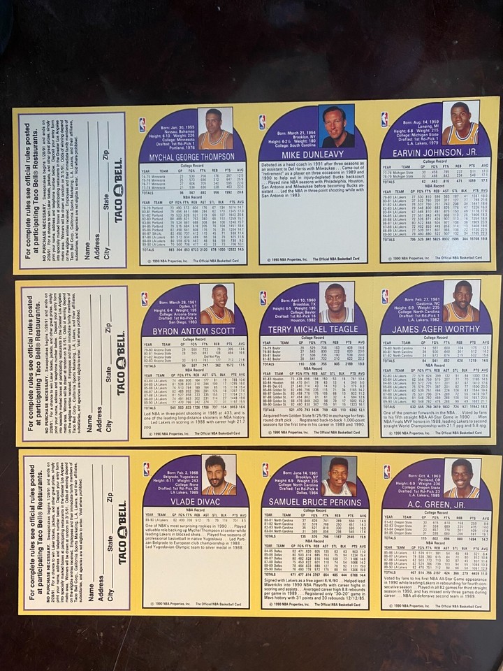 LA LAKERS 1990-91 NBA HOOPS TACO BELL PROMO UNCUT SHEET MAGIC WORTHY ...