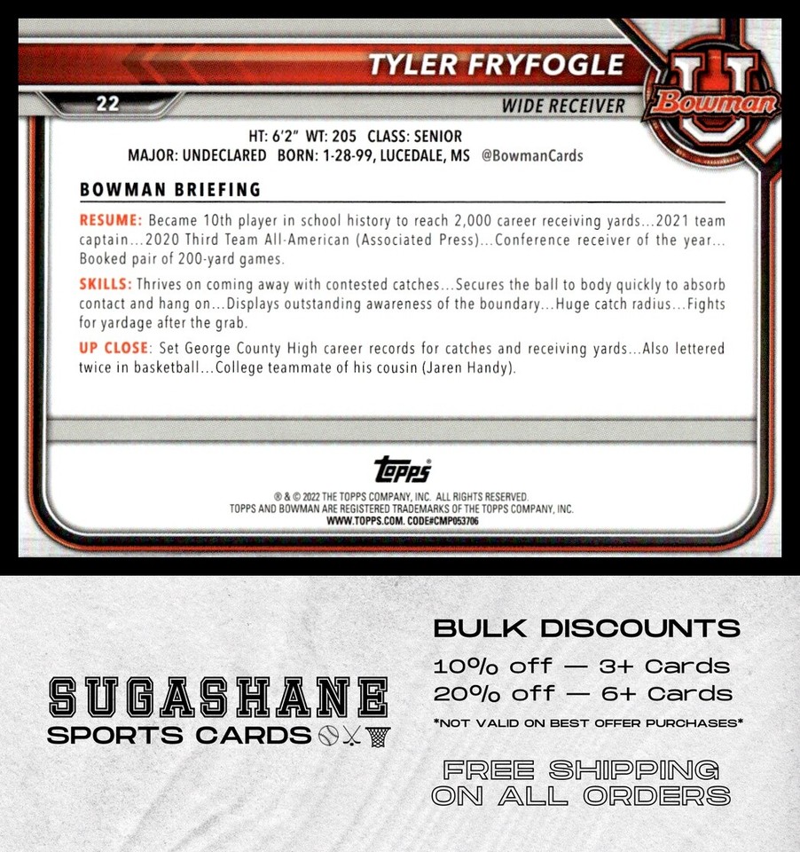 2021-22 Bowman University 22 Tyler Fryfogle Indiana Hoosiers Football ...