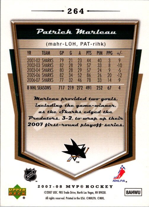 2007-08 Upper Deck MVP #264 Patrick Marleau Gold Scripts #/100 | eBay