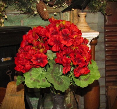 Prim 14" Red Geranium Bush Artificial Plant Faux Pick Silk Fack Foliage ...