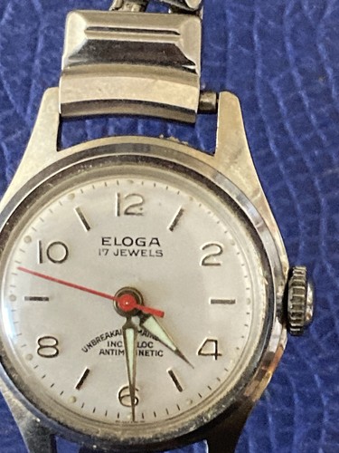 LADIES VNTG ELOGA 17 JEWEL MANUAL WRISTWATCH W/ORIGINAL STRETCH BAND ...