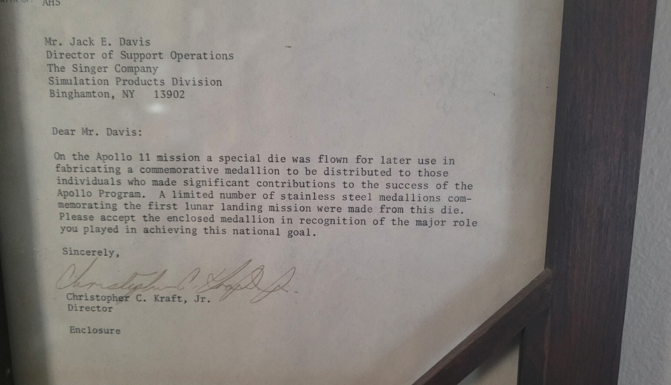 Apollo 11 Mission Flown Die Medallion-Recognition Letter-Christopher ...