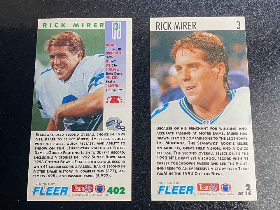 1993 Fleer GameDay Rookie Standouts 2 Rick Mirer Seattle Seahawks Plus ...