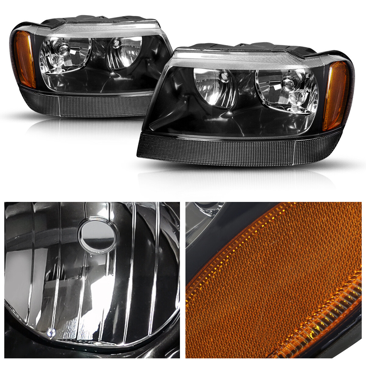 Black Housing Amber Corner Headlight Headlamps for 99-04 Jeep Grand ...