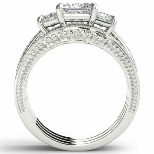 3.25Ct Princess Cut CZ Three Stone Bridal Engagement Ring Set In 925 ...