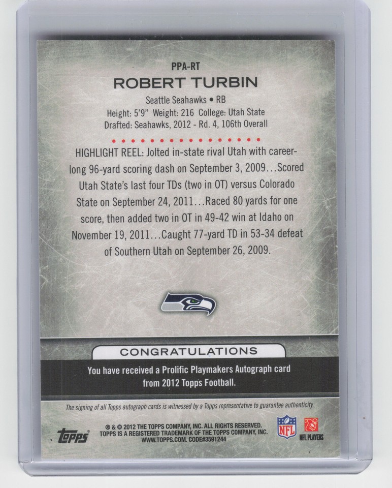 2012 Topps #PPA-RT Robert Turbin RC Rookie Auto | eBay
