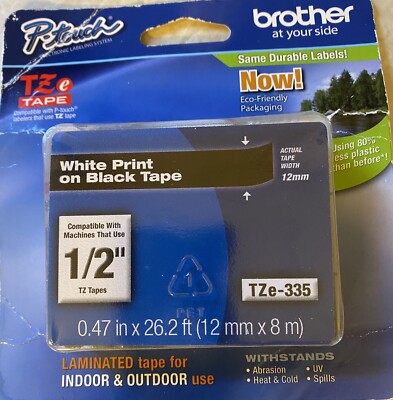 Brother P-touch TZe-335 Black Print on White Label Tape 1/2” 12mm | eBay
