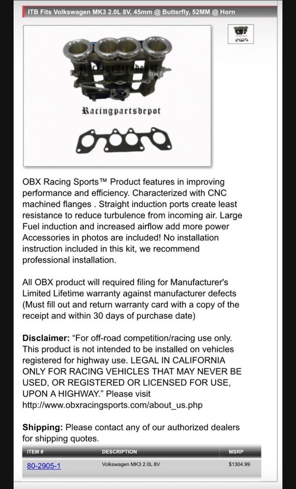 VW VOLKSWAGEN Racing ITB For VW MK3 OBX Brand New (VW Volkswagen) | eBay
