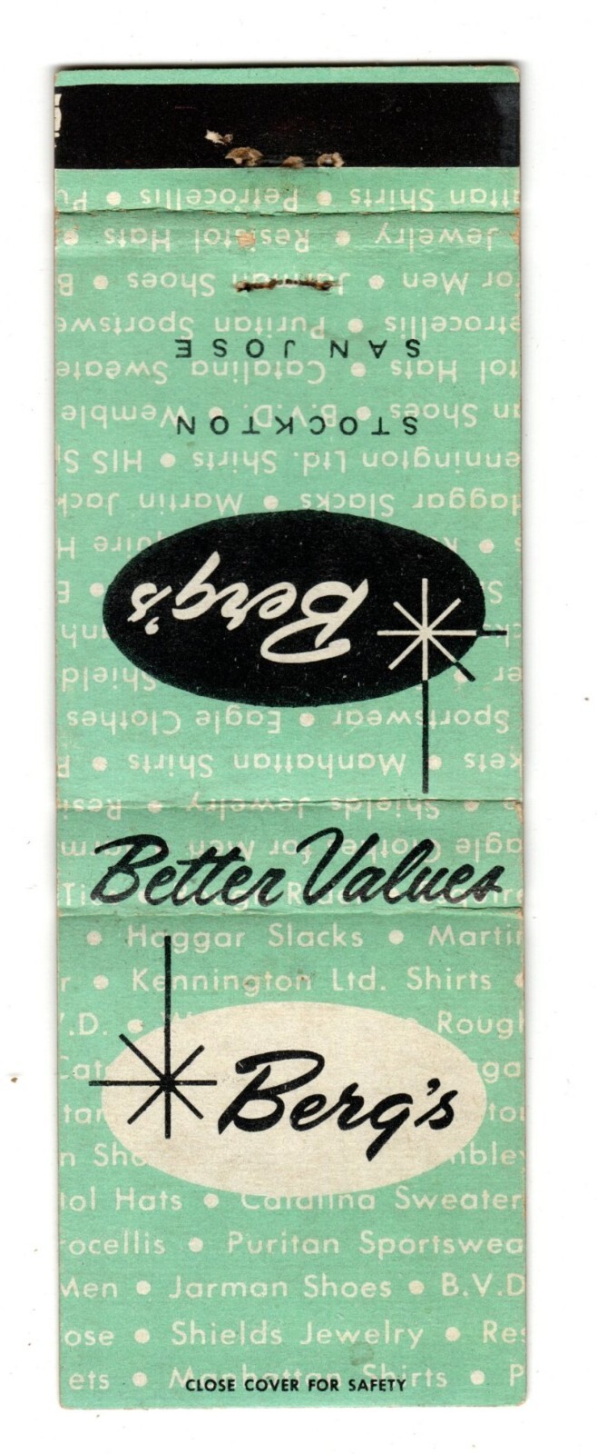 BERG'S MEN'S WEAR matchbook matchcover - SAN JOSE STOCKTON, CALIFORNIA ...