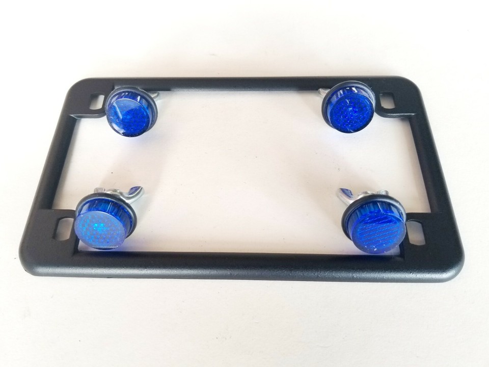 BLACK MOTORCYCLE License Plate Tag Frame & 4 BLUE Reflectors HARLEY | eBay