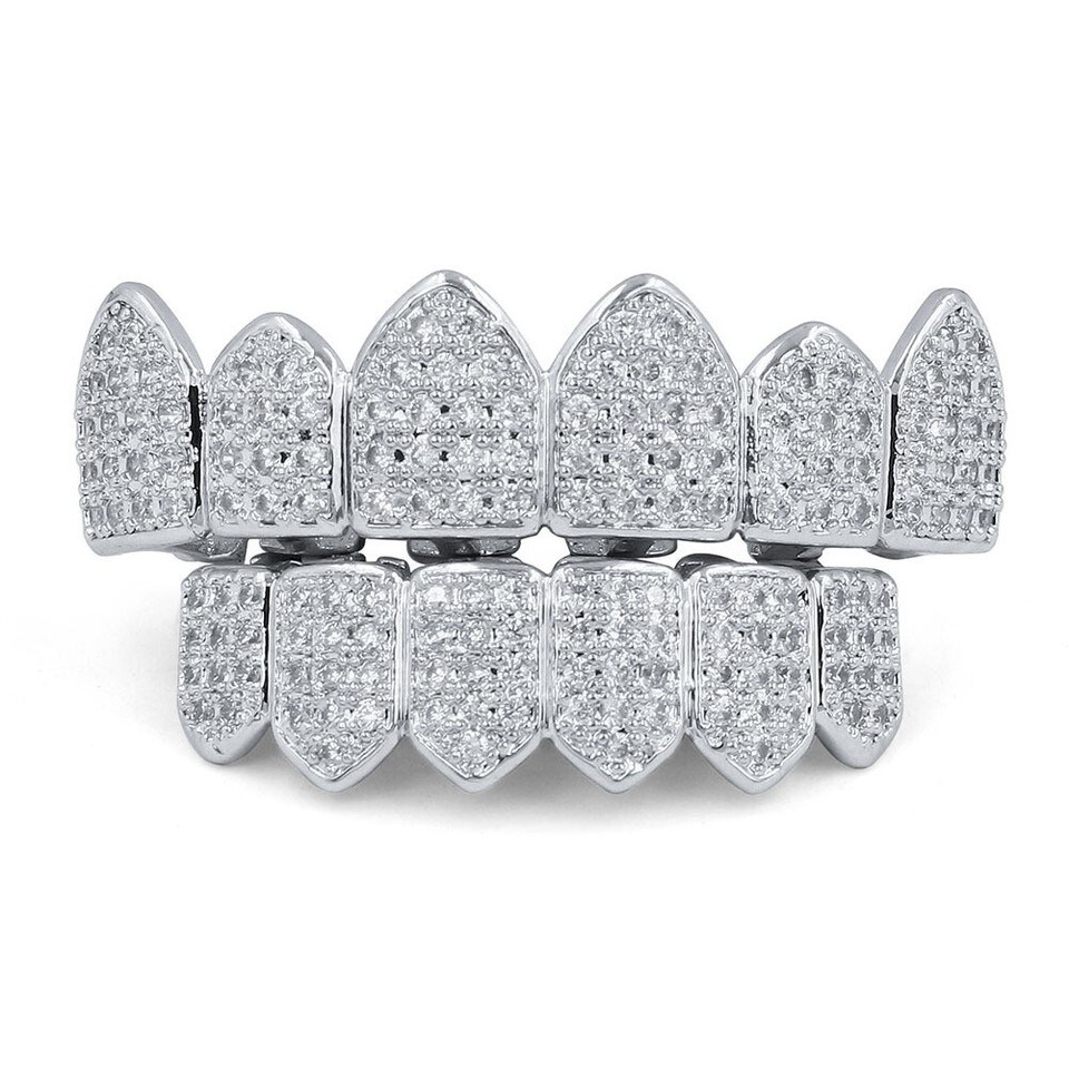 Hip Hop 925 Silver Simulated Diamonds Custom GRILLZ Teeth Top Bottom ...