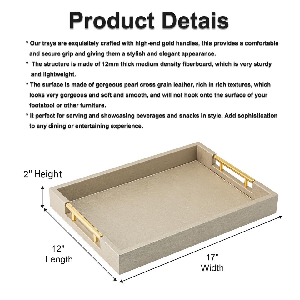 Khaki Faux Leather Serving Tray with Handles17x12 inches Large ...