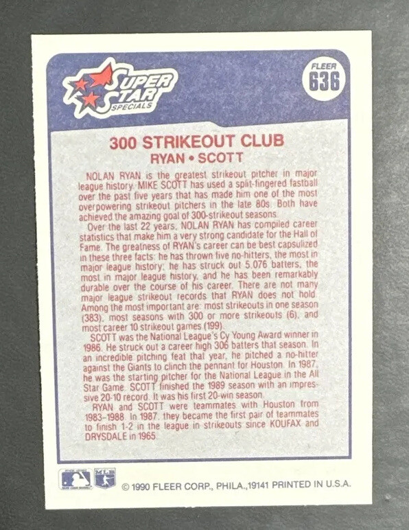 1990 Fleer Superstar Specials Nolan Ryan - 300 Strikeout Club -#636 ...