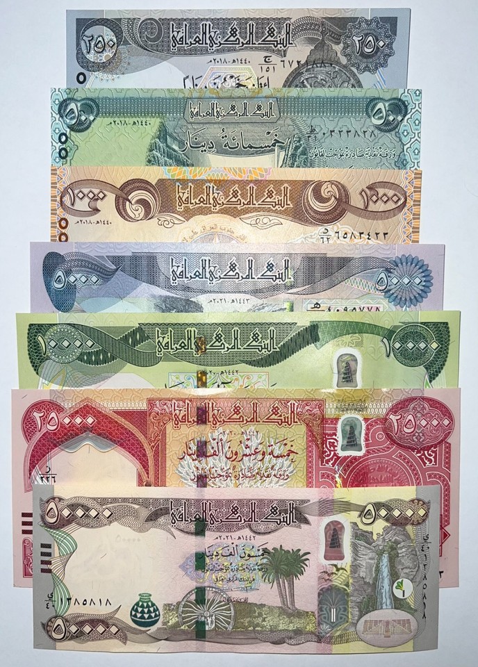 RARE FULL SET of the 7 Active IRAQ Banknotes: 250 - 50,000 Dinar 2018 ...