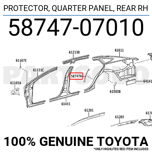 5874707010 Genuine Toyota PROTECTOR, QUARTER PANEL, REAR RH 58747-07010 ...