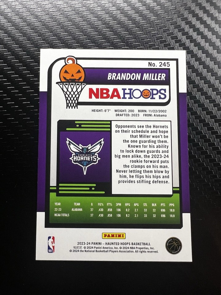 2023-24 Panini NBA Haunted Hoops #245 Brandon Miller RC Rookie Hornets ...