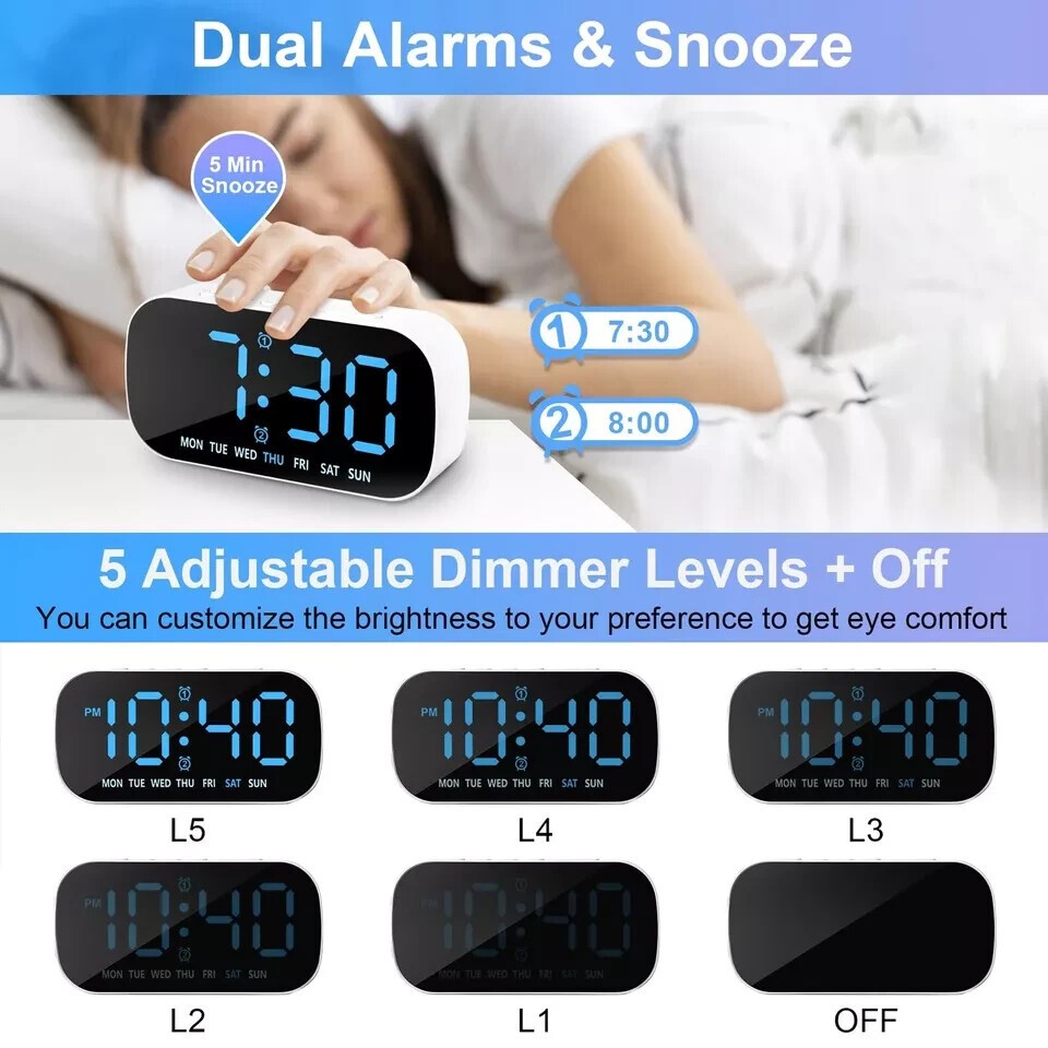 Electric Digital Alarm Clock LED Large Display Battery Snooze Dual ...