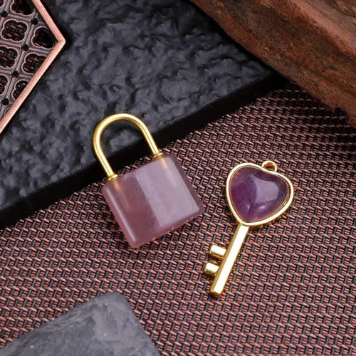 5 Sets Natural Amethyst Stone Gems Lock Key Pendants Reiki Amulet Gold ...