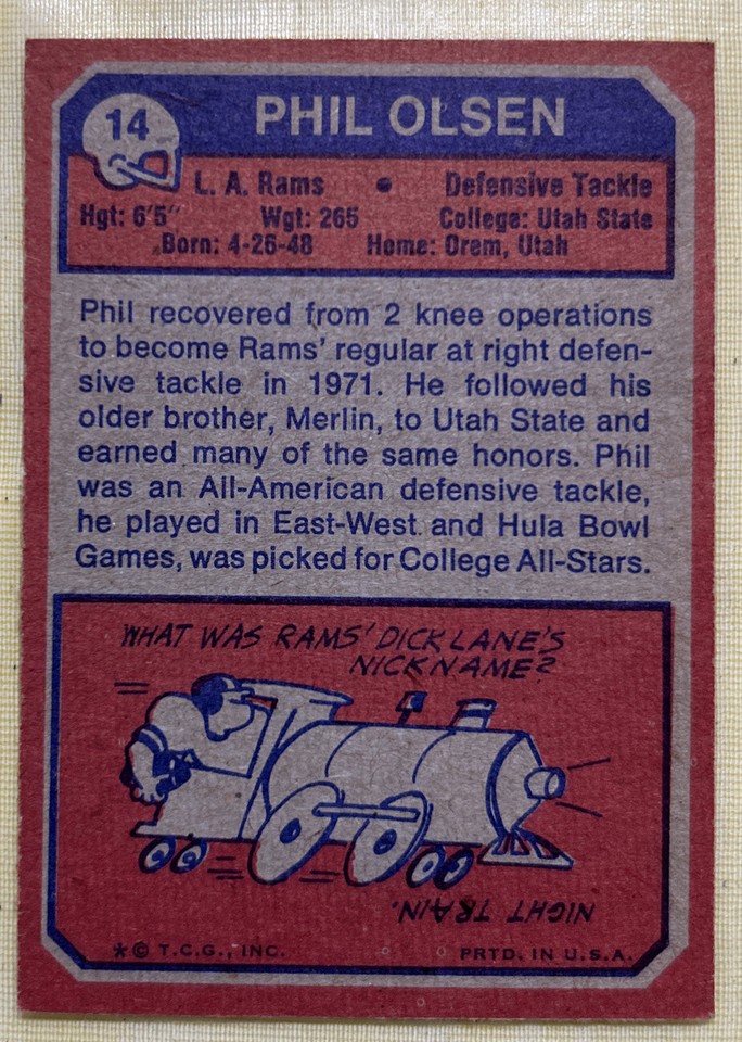 1973 Topps Phil Olsen Rookie Card (RC) #14 Rams Defensive Tackle Low ...