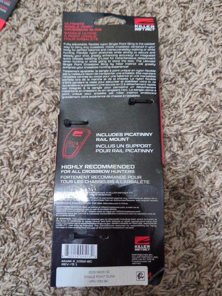 Killer Instinct Crossbows Single Point X Bow Sling with Pic Mount Bone ...