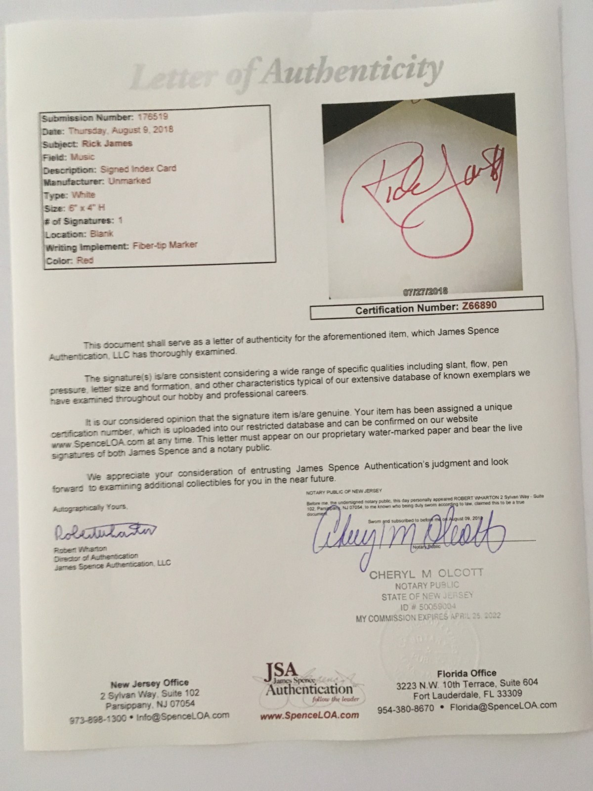 Rick James Signed Autographed 4x6 Card Full JSA Letter | eBay