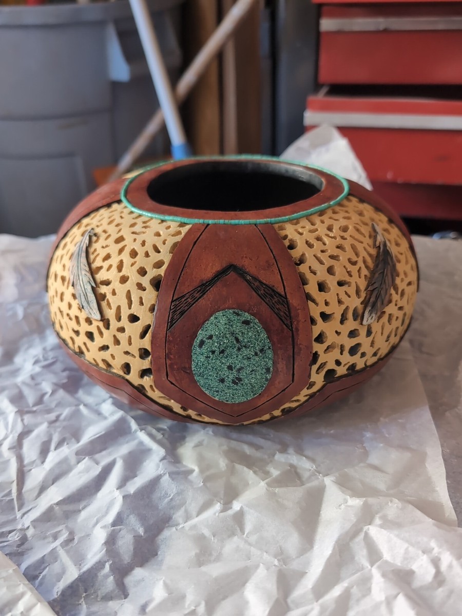 American Indian Art Gourd Vintage Gourd Art Vase, Dog Painting,