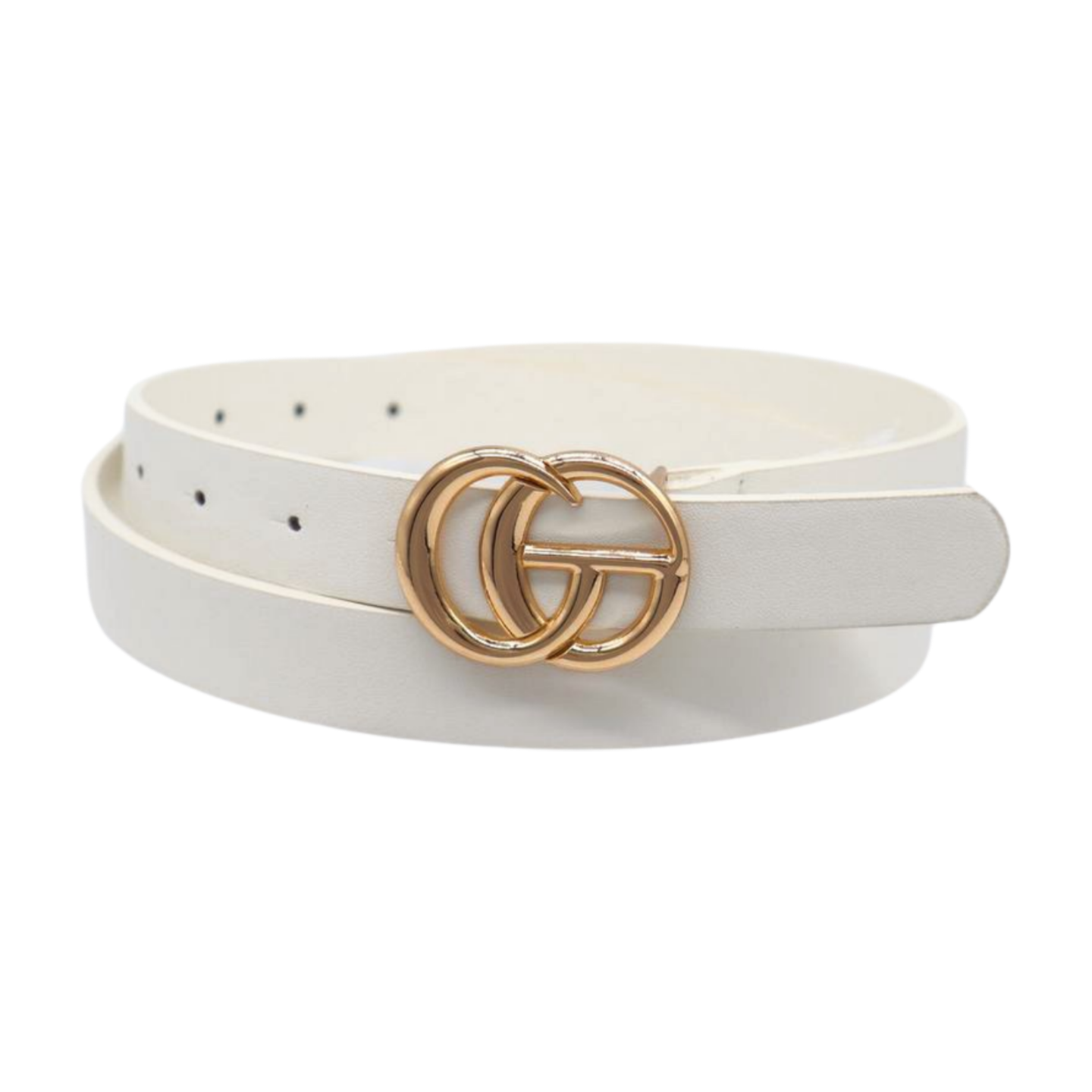 Women True Winter White Color Faux Leather Basic Belt Gold Metal Buckle ...